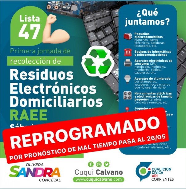 Se reprograma la jornada de Recolección de Residuos de Aparatos Eléctricos y Electrónicos